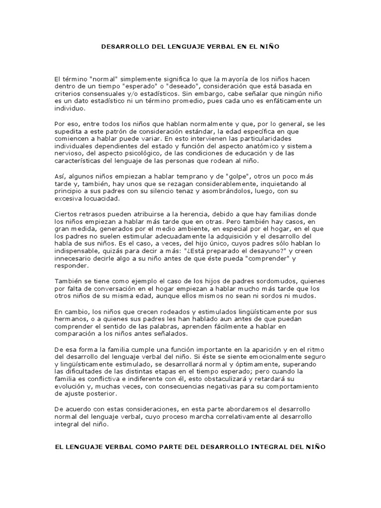Desarrollo Del Lenguaje Verbal en El Niño | PDF | Aquisición de idioma | Palabra