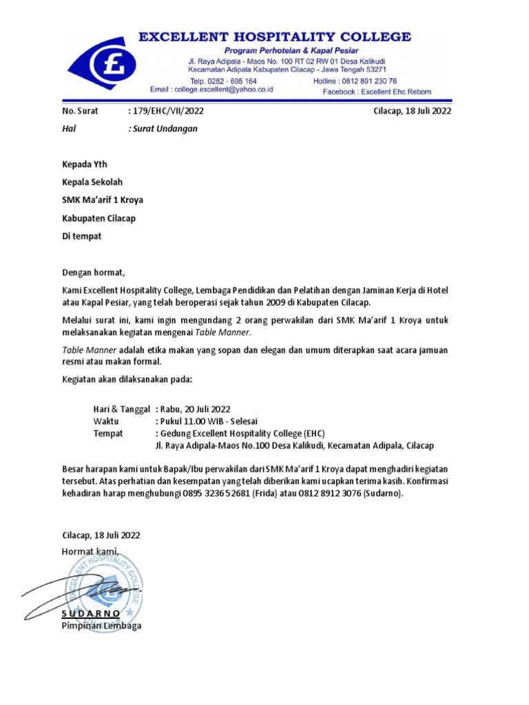 Surat Undangan Table Manner - SMK MAARIF 1 Kroya - REVISED | PDF