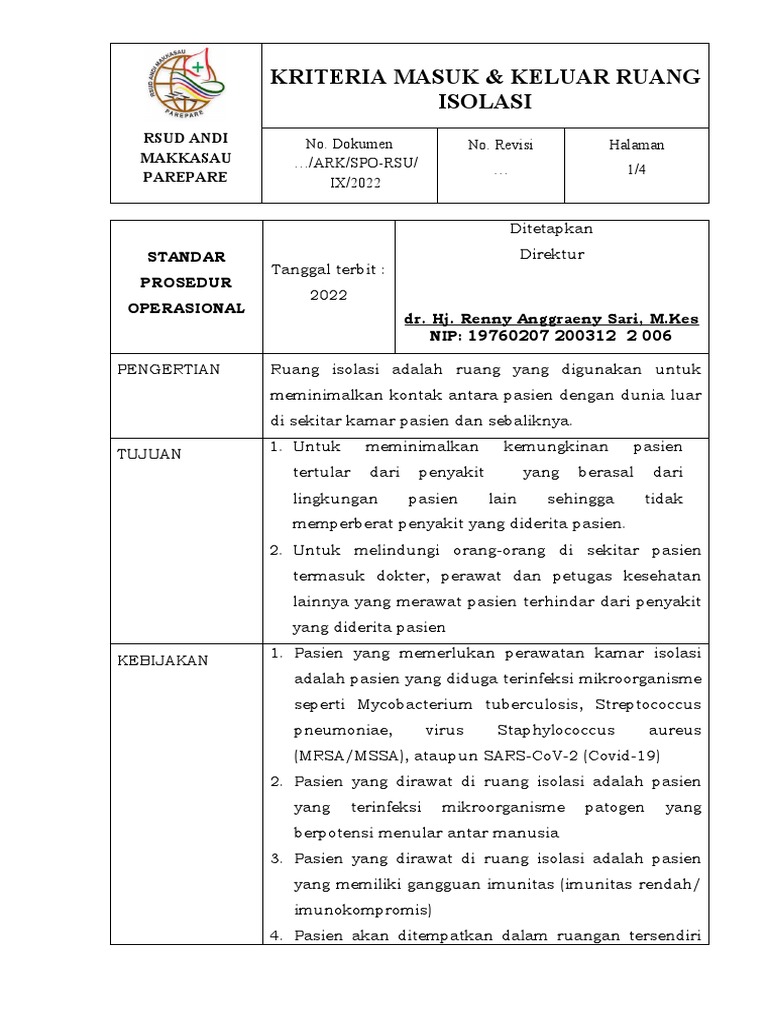 SPO Kriteria Masuk & Keluar Ruang Isolasi | PDF