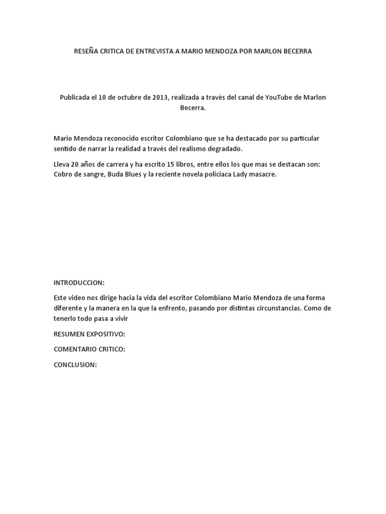 Entrevista a Mario Mendoza: Realismo y Trayectoria | PDF