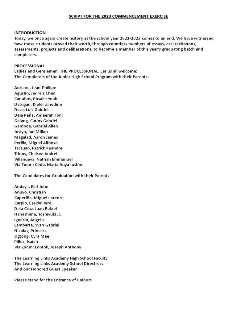 Script For The 2023 Commencement Exercise | PDF | Awards | Academia
