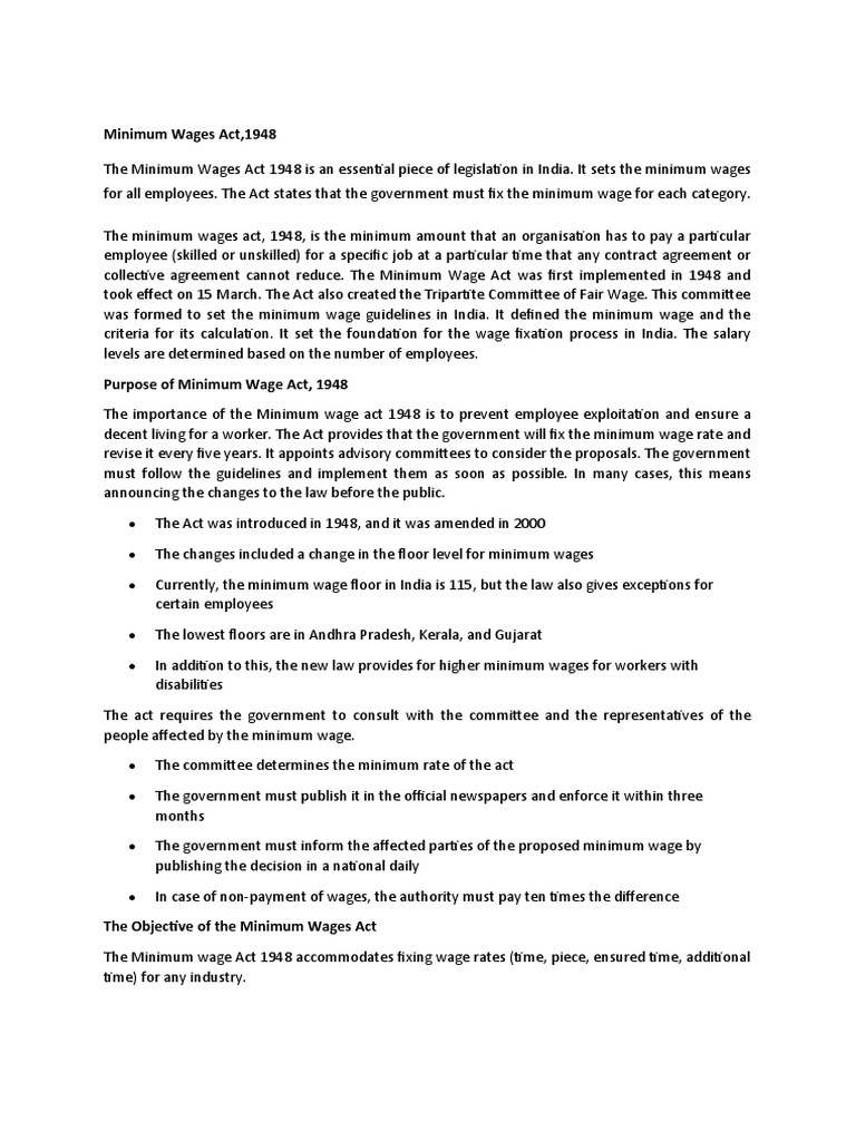 Minimum Wages Act 1948 | PDF | Employment | Wage