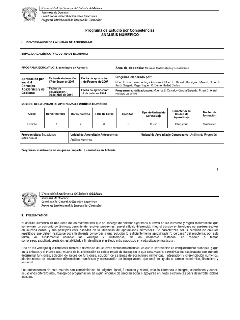 Programa de Estudios de Análisis Numérico | PDF | Análisis numérico ...