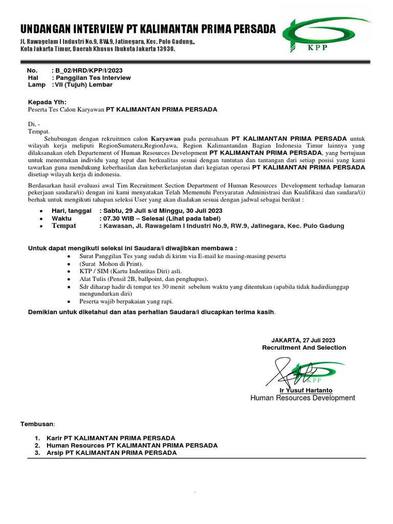 Lampiran Undangan Interview PT Kalimantan Prima Persada | PDF