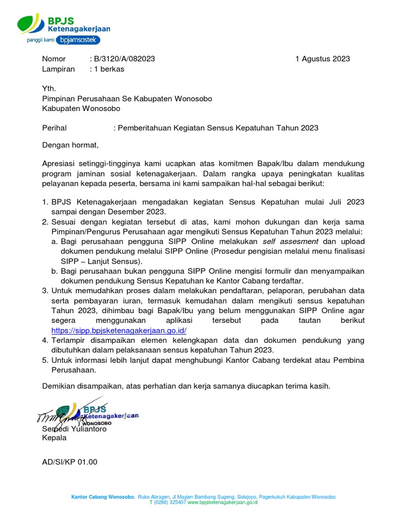 Surat Pemberitahuan Sensus Kepatuhan BPJS TK | PDF