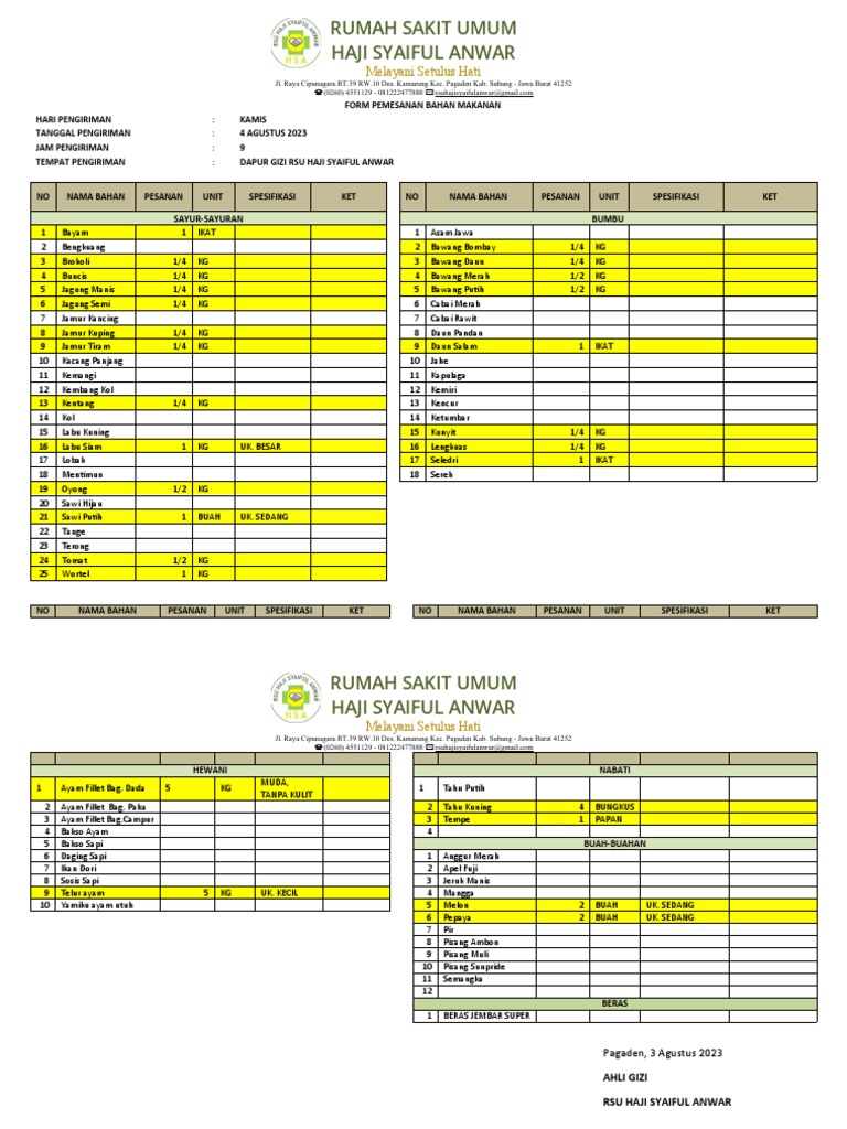 Form Pemesanan Bahan Makanan | PDF
