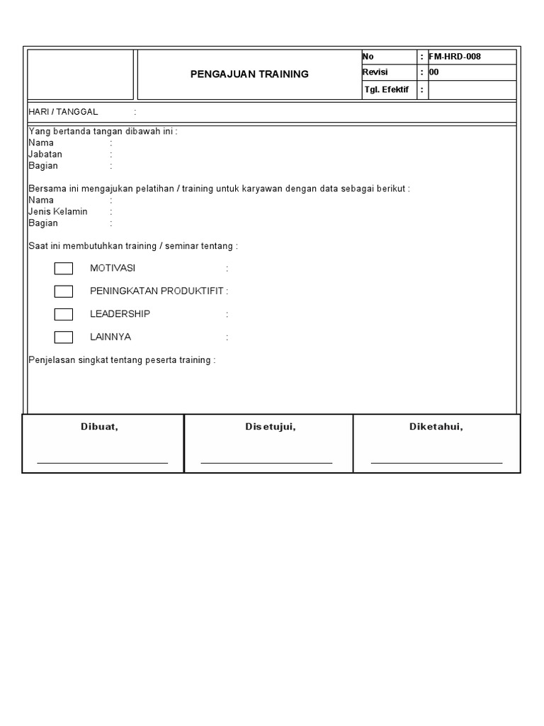 FM-HRD-008 Pengajuan Training | PDF | Karier & Perkembangan | Bisnis