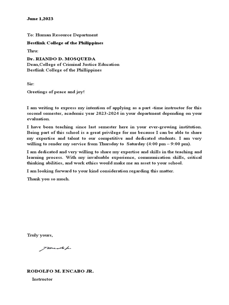 Letter of Intent in Best Link College 2023 2024 | PDF