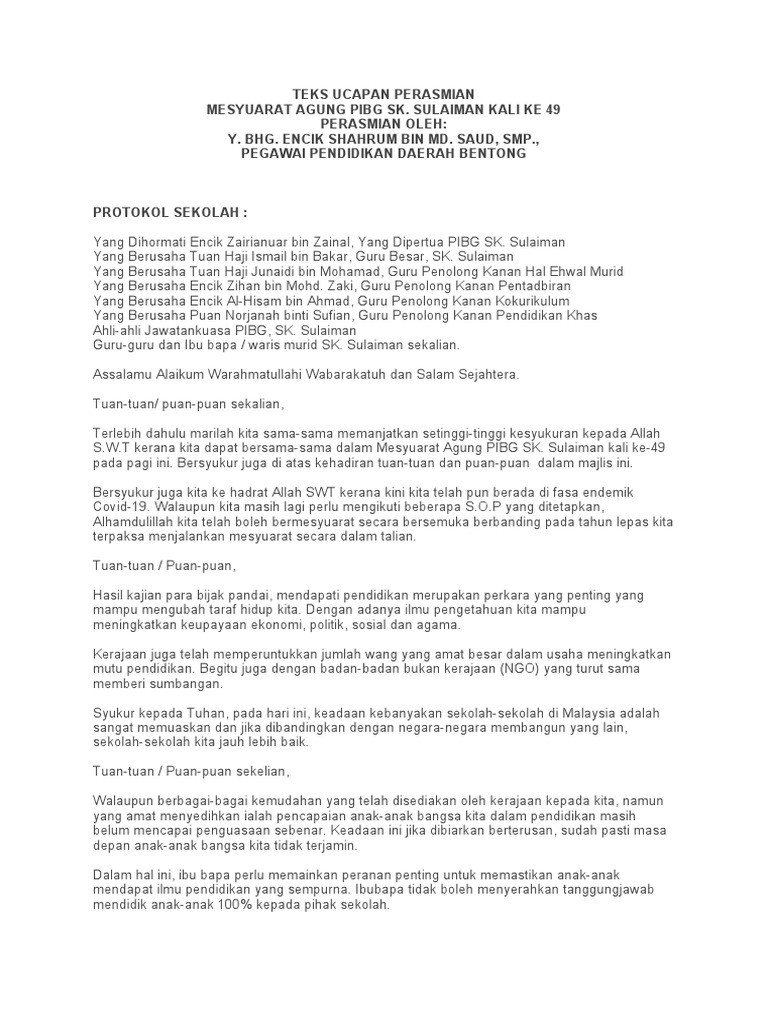 Teks Ucapan Perasmian Mat Pibg 2022 | PDF
