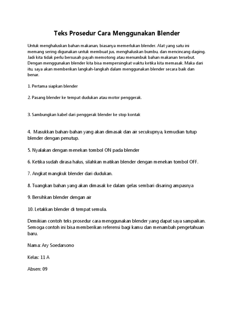Teks Prosedur Cara Menggunakan Blender | PDF | Memasak, Makanan, & Anggur