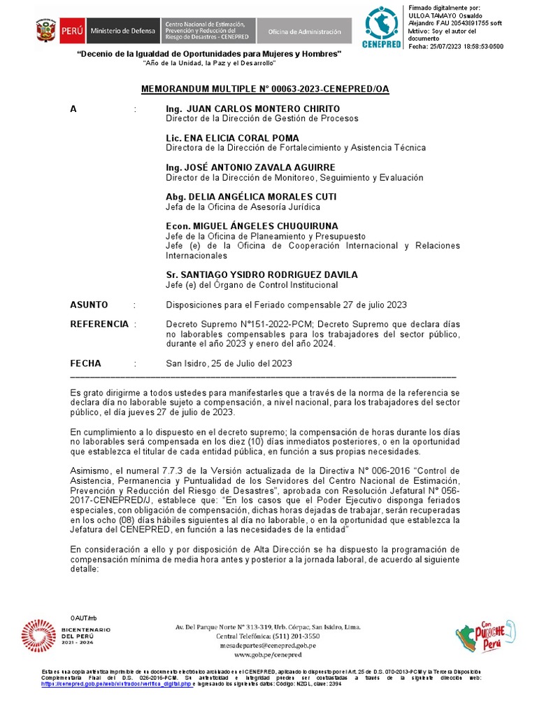 Memo Multiple 063-2023 Compensacion Del27.07.2023 | PDF