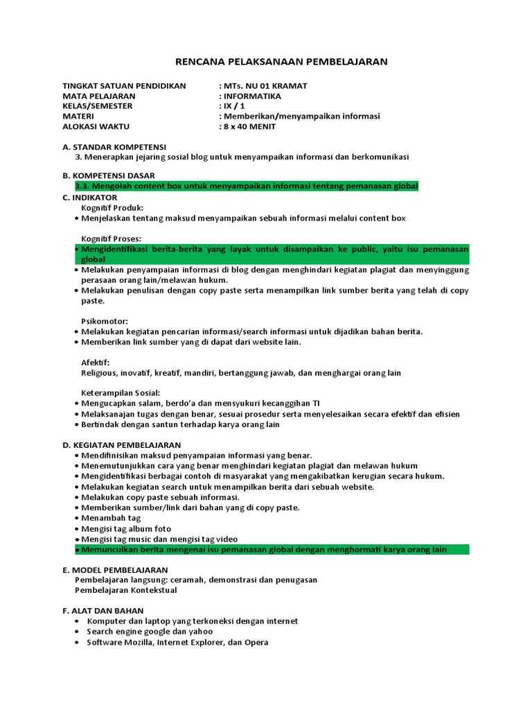 Rpp Informatika 9 Adiwiyata Pdf