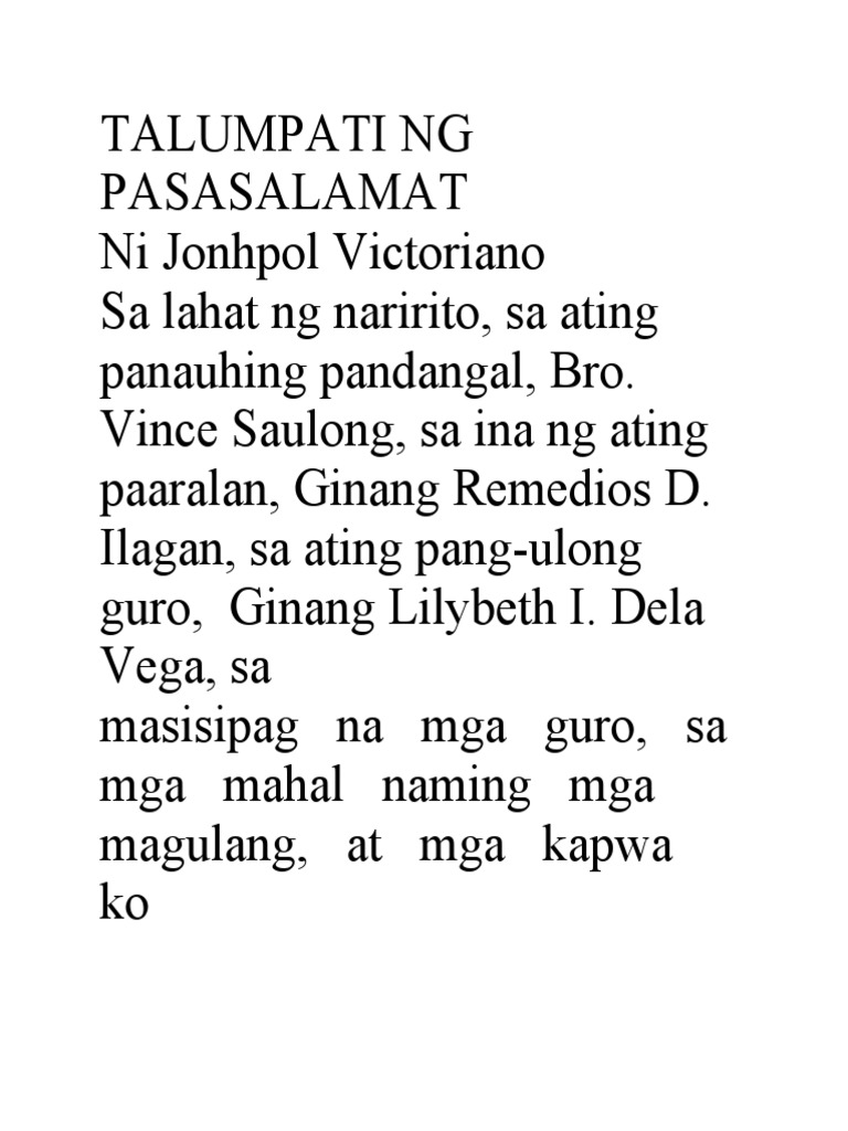 TALUMPATI NG PASASALAMAT | PDF