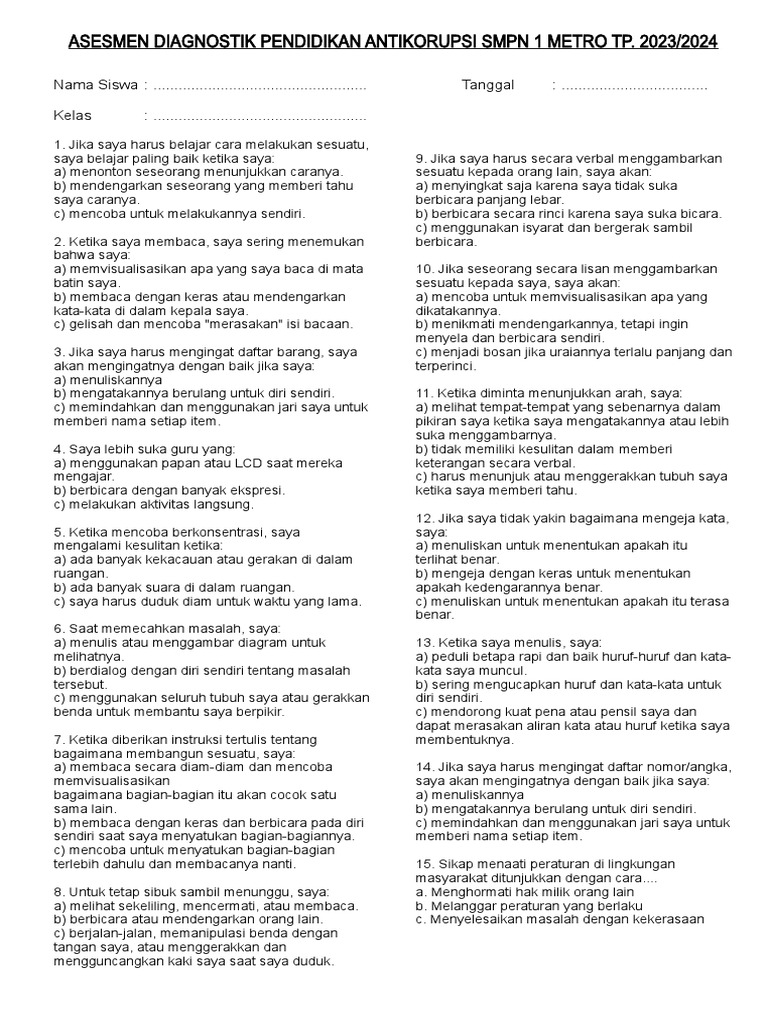 Kuisoner Asesmen Diagnostik Jenjang SD Dan SMP | PDF