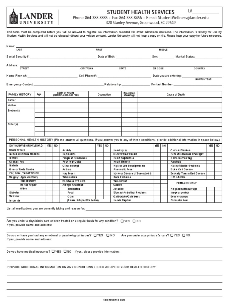 Student Health Services Registration Form | PDF | Health Sciences ...