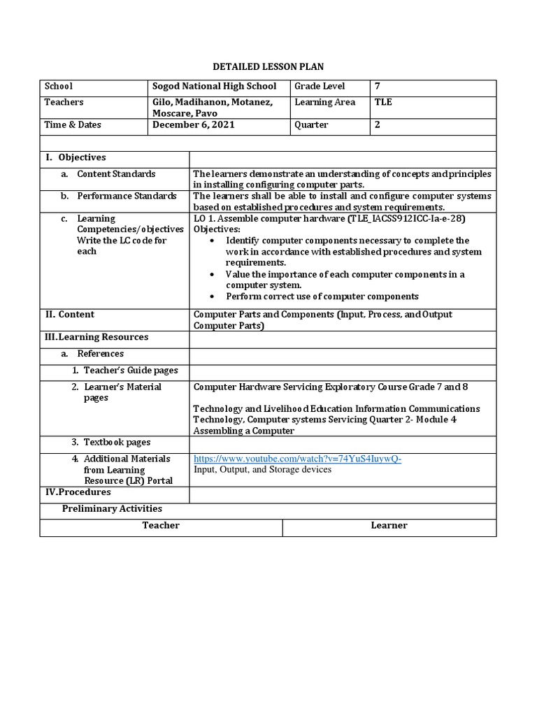 Detailed Lesson Plan 1 Pdf Input Output Computer Keyboard