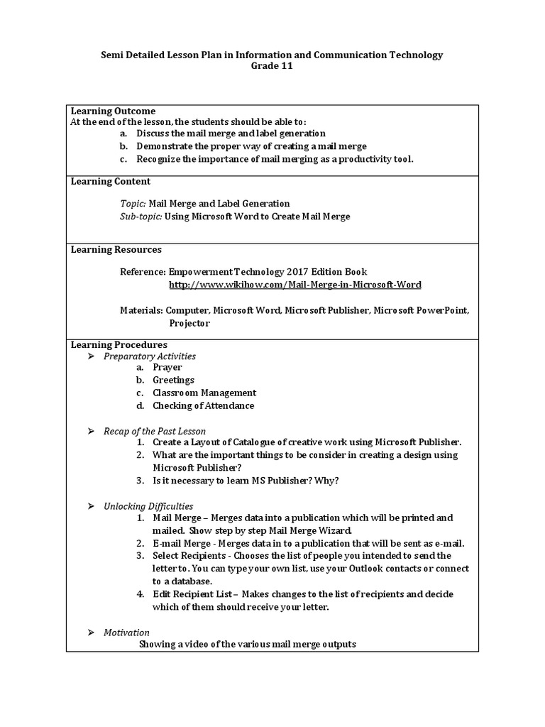 Semi Detailed Lesson Plan in Information and Communication Technology ...