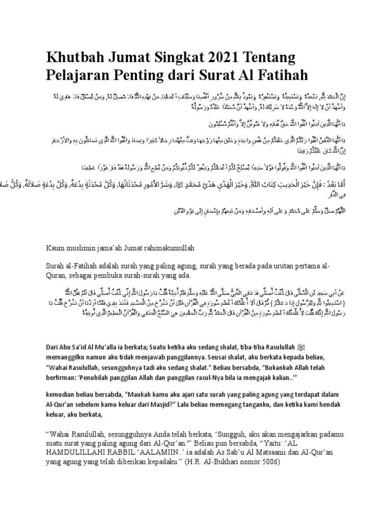 Khutbah Jumat Singkat 2021 Tentang Pelajaran Penting Dari Surat Al Fatihah | PDF
