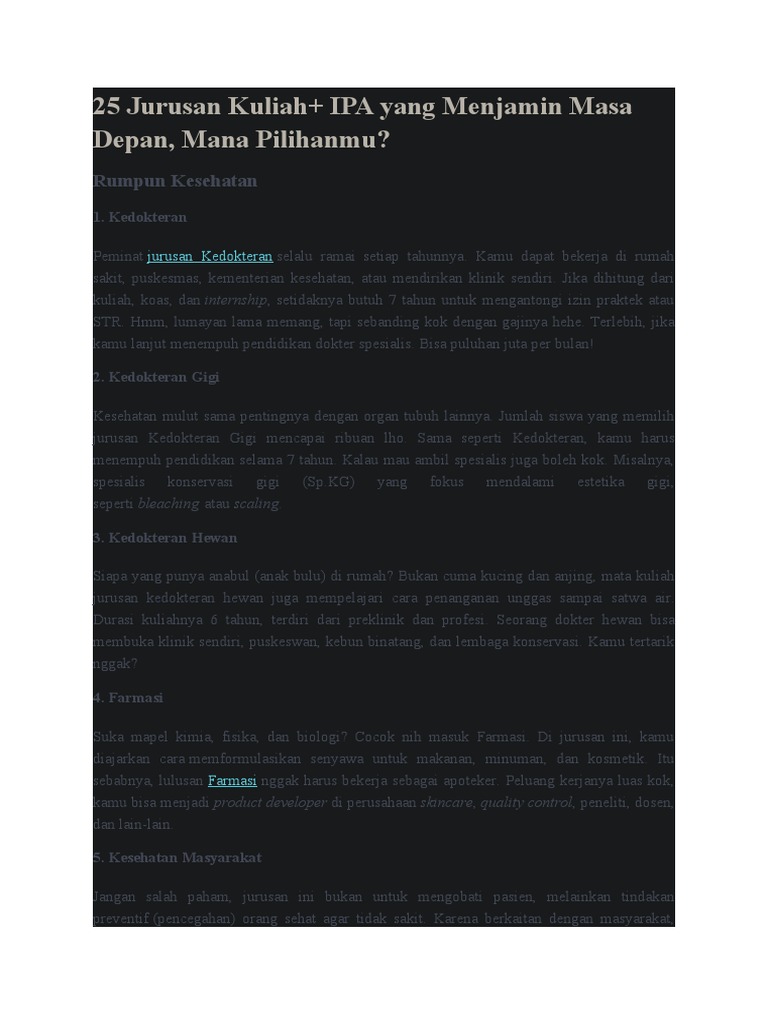 25 Jurusan Kuliah IPA Yang Menjamin Masa Depan | PDF