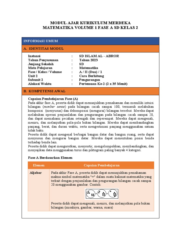 Modul Ajar Kurikulum Merdeka Kelas 2 SD (MTK) | PDF