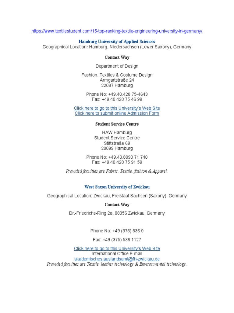 Top Textile Engineering Universities in Germany | PDF | Munich | Consumers