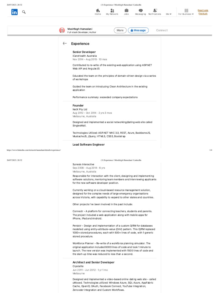 Experience - Moshfegh Hamedani - LinkedIn | PDF | Web Application | World Wide Web