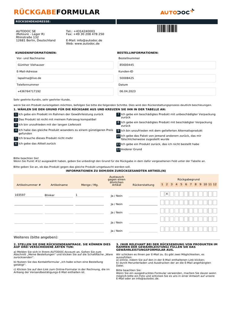 AUTODOC Rücksendeformular | PDF