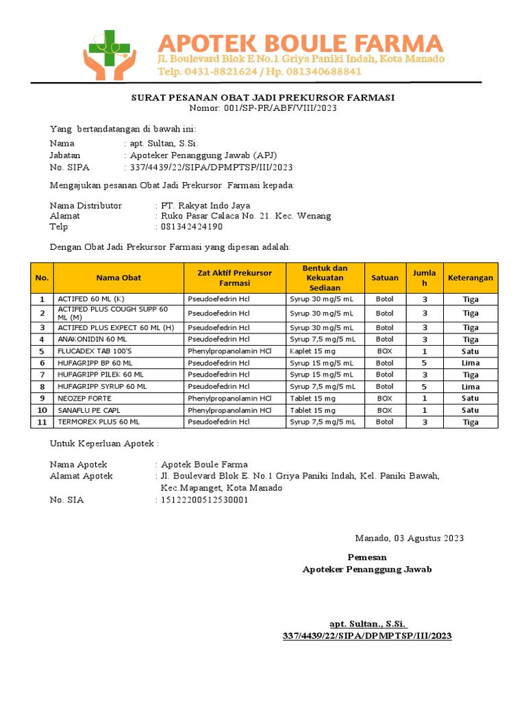 Surat Pesanan Obat Jadi Prekursor - Apotek Boule Farma-03-8-2023 | PDF