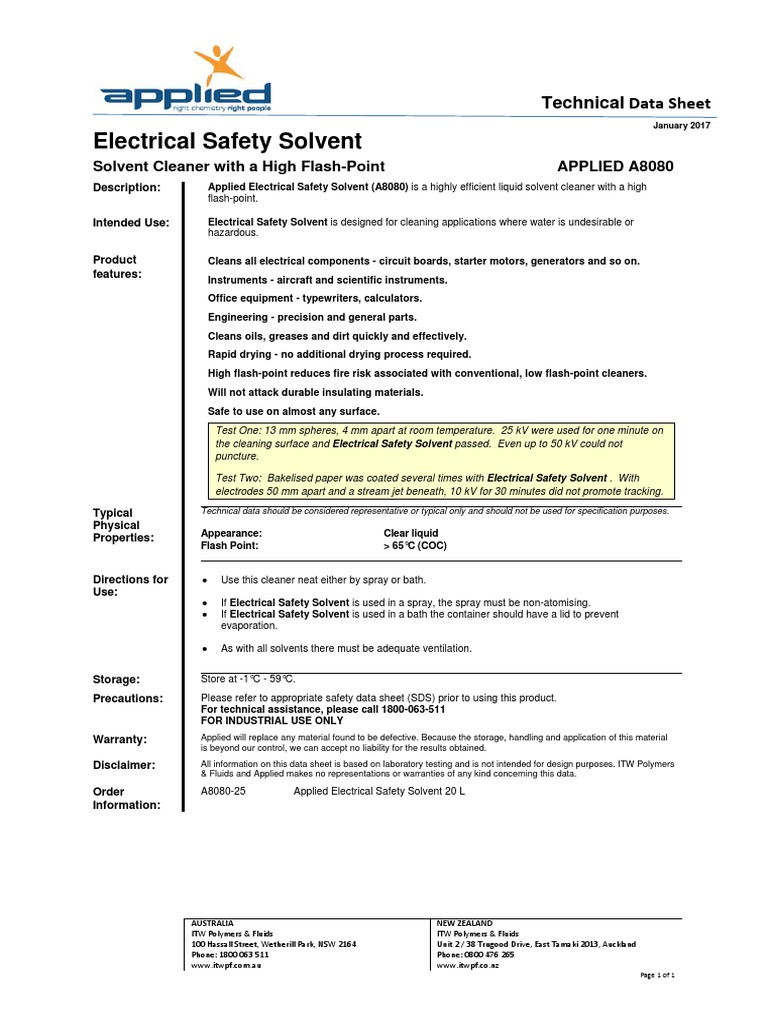 Electrical Safety Solvent A8080 Data Sheet | PDF | Solvent | Liquids