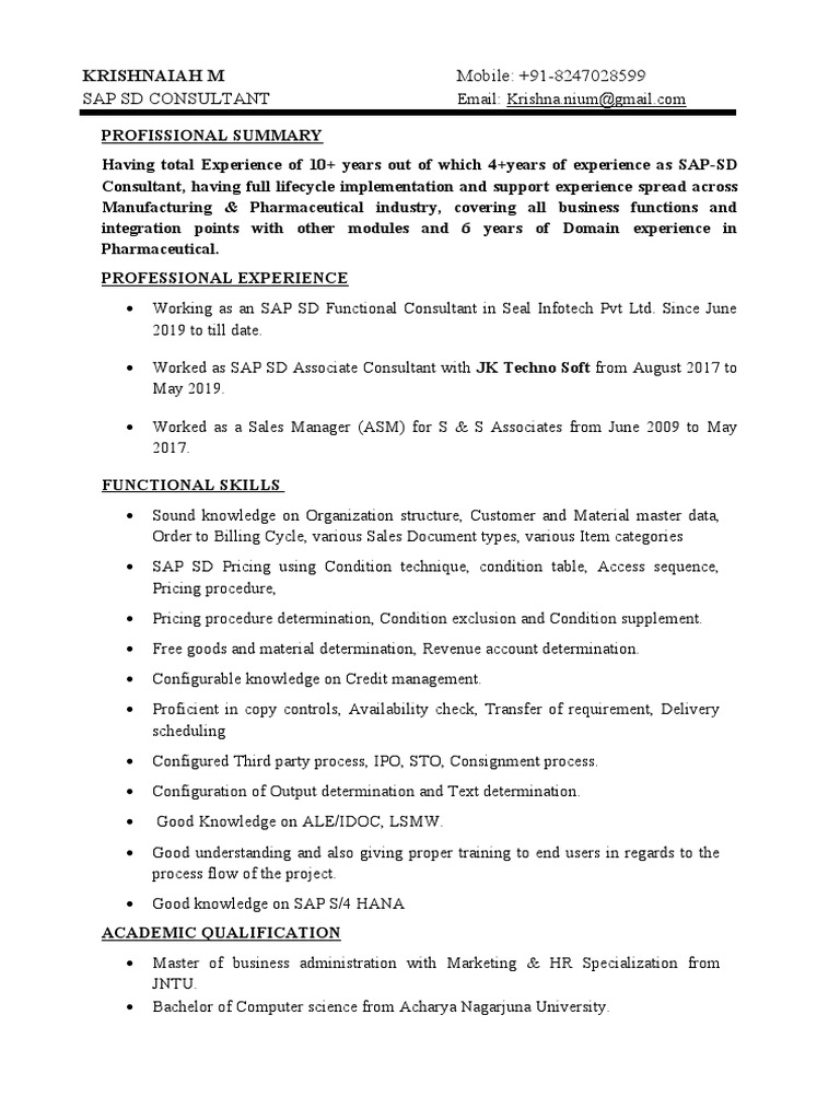 KRISHNA SAP SD Updated CV 4+ Yrs | PDF | Sales | Risk