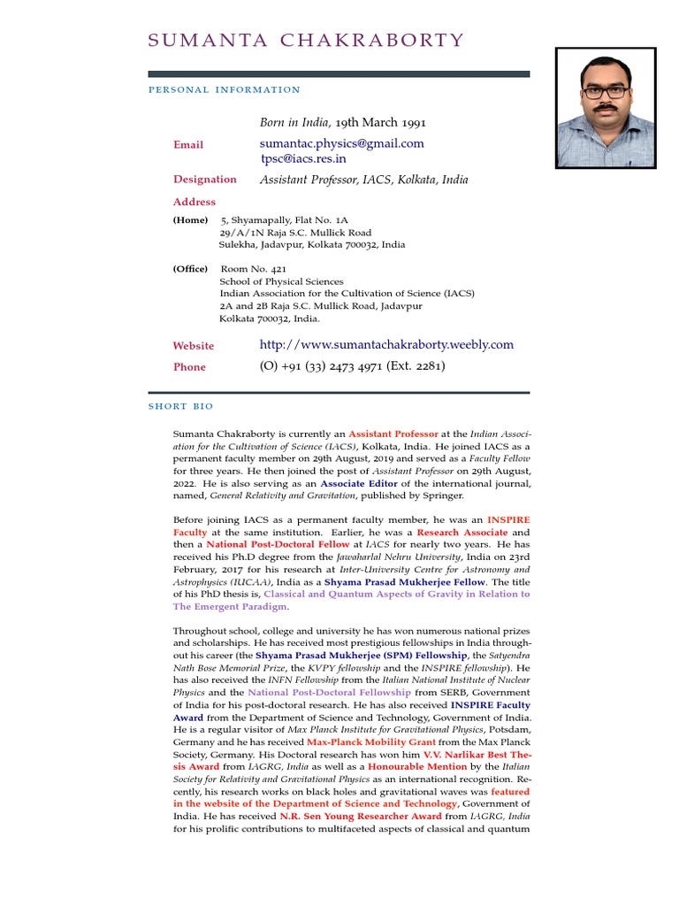 Curriculum Vitae Sumanta Chakraborty | PDF | General Relativity | Gravity