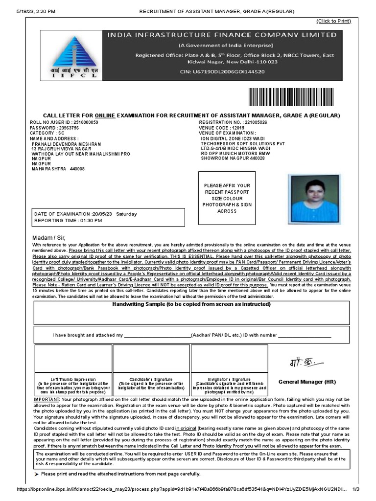 Assistant Manager Exam Call Letter | PDF | Identity Document