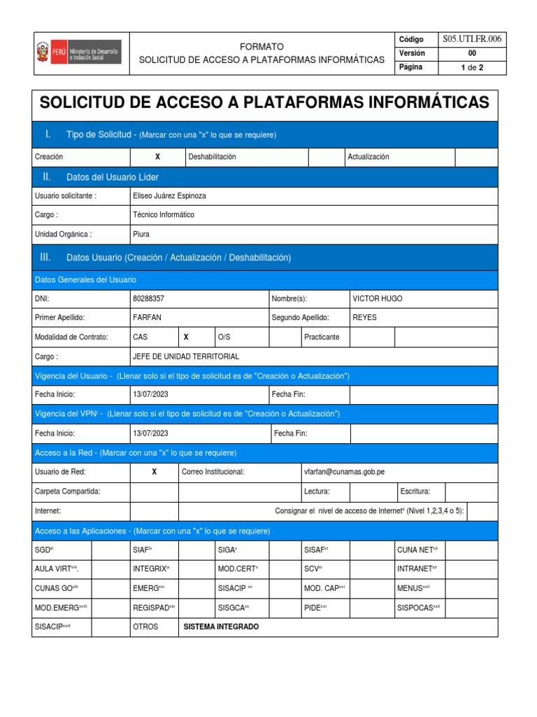 Formato - Solicitud de Acceso A Plataformas Informáticas-Victor Hugo (F) | PDF | Usuario ...