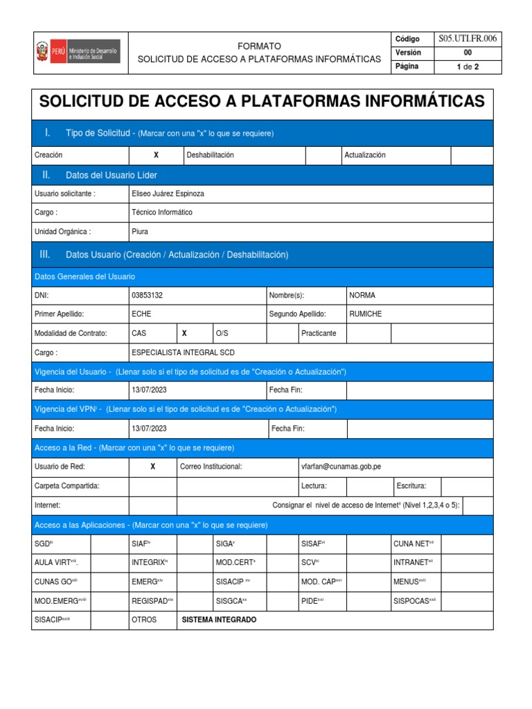 Formato - Solicitud de Acceso A Plataformas Informáticas-Norma Eche (F) | PDF | Usuario ...