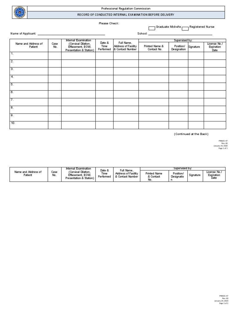PRBSEC-47 Internal Examination Form | PDF | Midwife | Nursing
