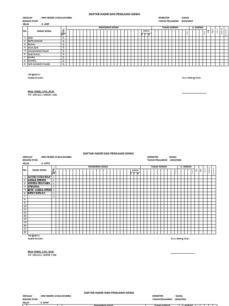 Daftar Hadir Dan Penilaian Siswa TP 2023-2024 (Ganjil) | PDF