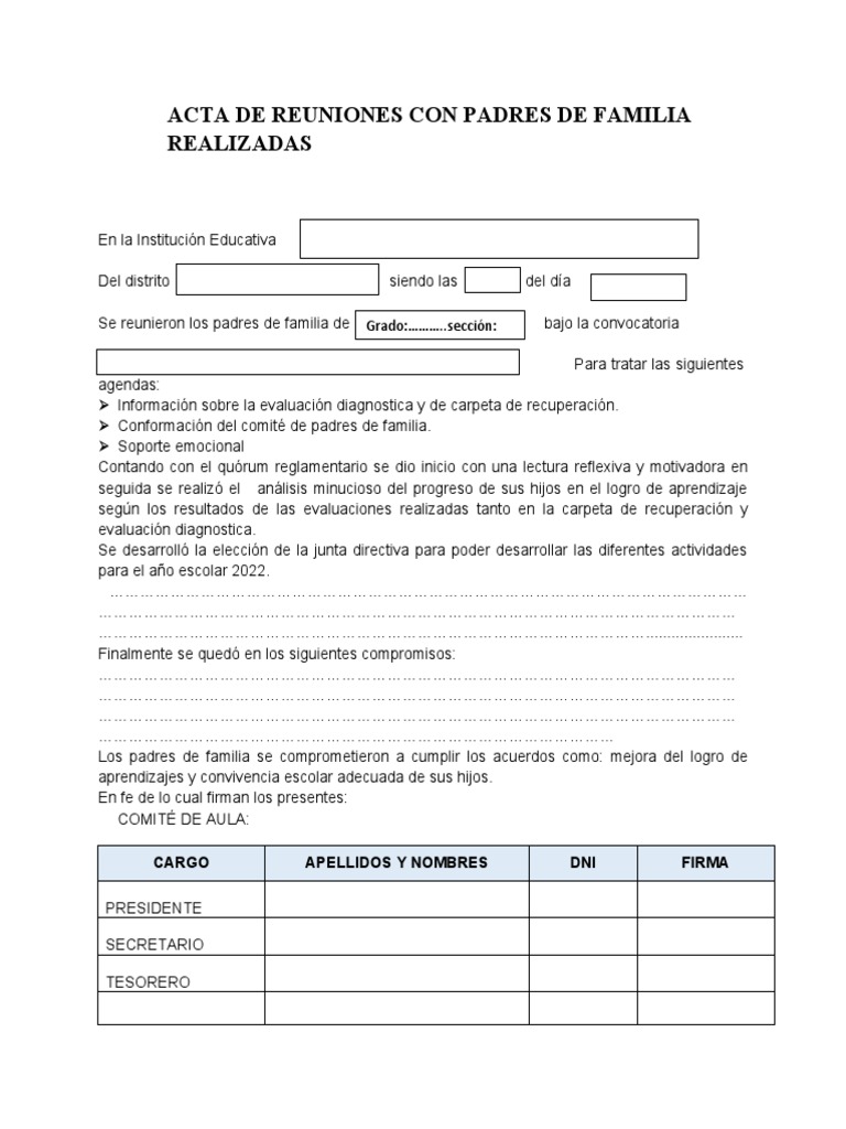 Acta de Reuniones Con Padres de Familia Realizadas | PDF