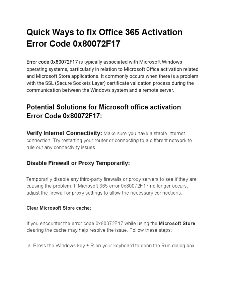 Activation Error Code 0x80072F17 | PDF