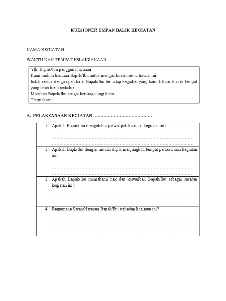 Kuesioner Umpan Balik Kegiatan | PDF