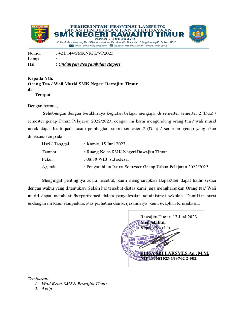 Surat Pengambilan Rapot 2 | PDF