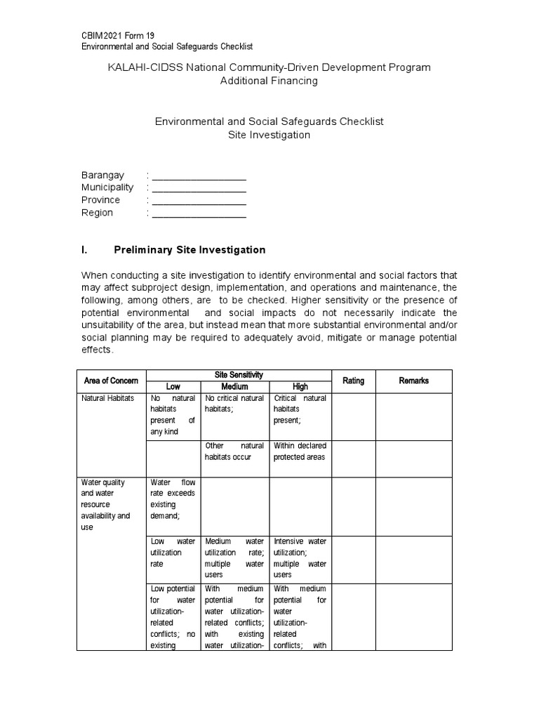 CBIM 2021 Form 19 - Envi and Social Safegurads Checklist | PDF ...