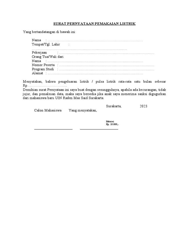 Surat Pernyataan Pemakaian Listrik | PDF
