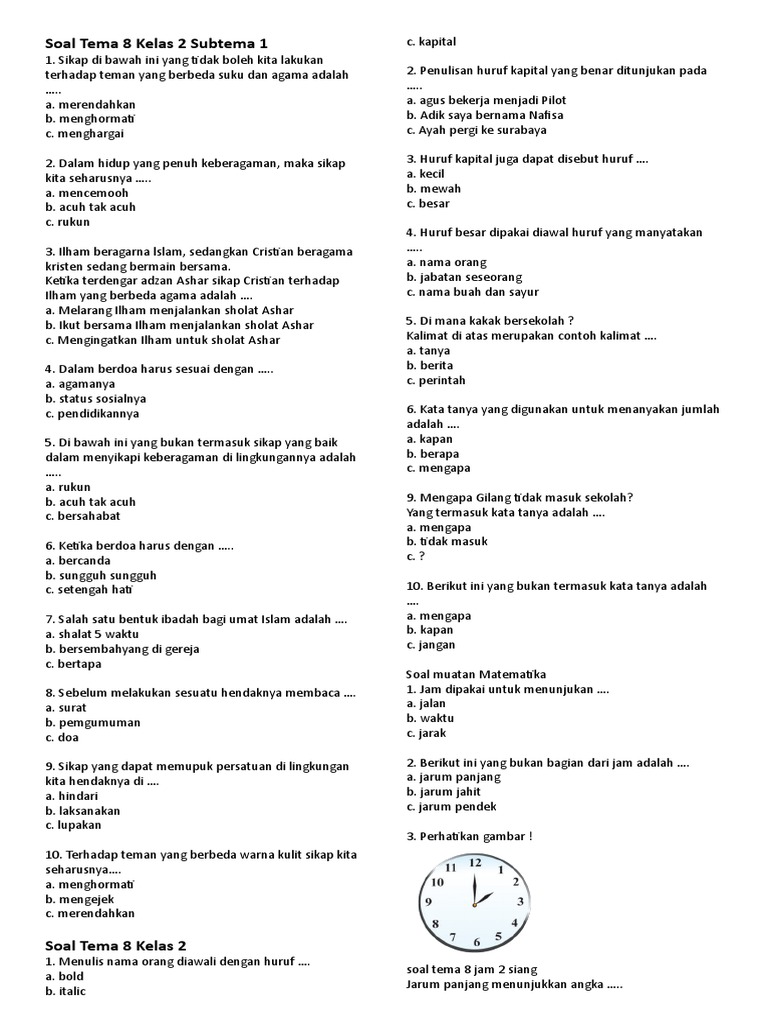 Soal Tema 8 Kelas 2 Subtema 1-4 | PDF