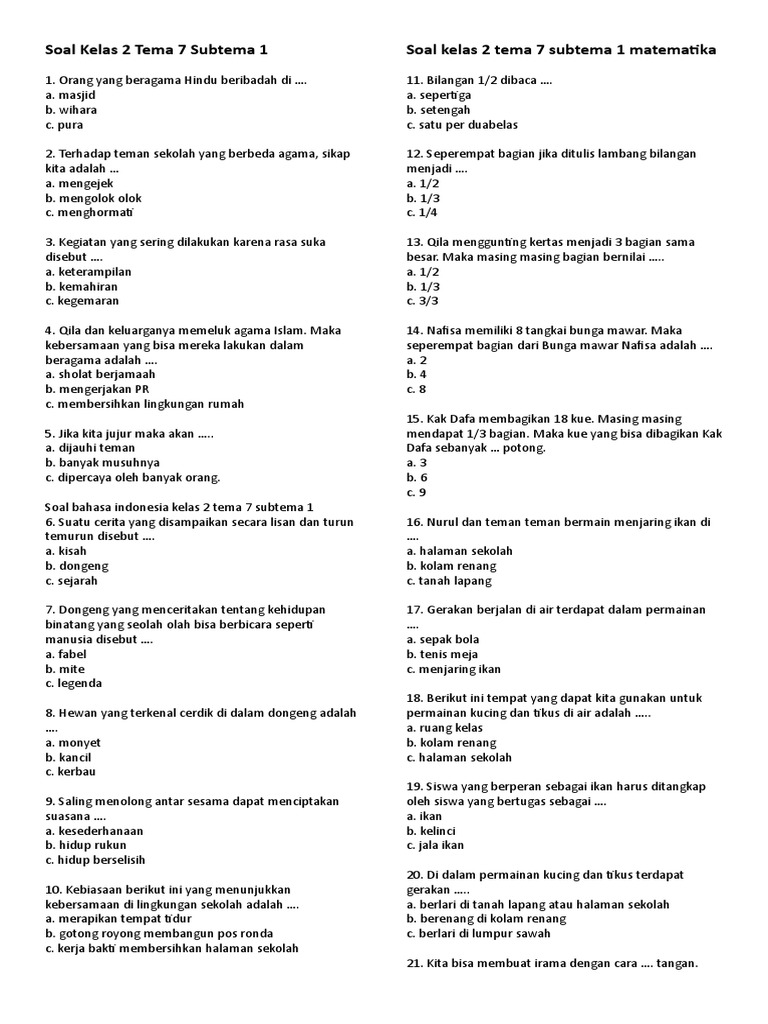 Soal Kelas 2 Tema 7 Subtema 1-4 | PDF