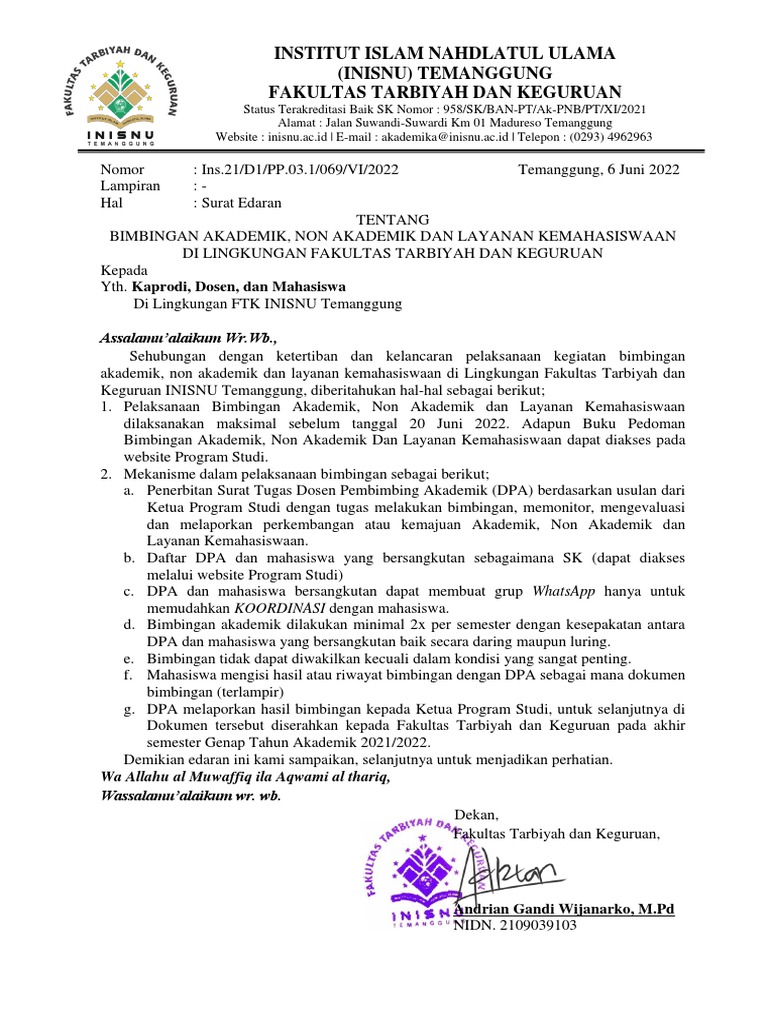 Edaran Bimbingan Akademik, Non Akademik Dan Layanan Kemahasiswaan FTK (1) - 2 | PDF