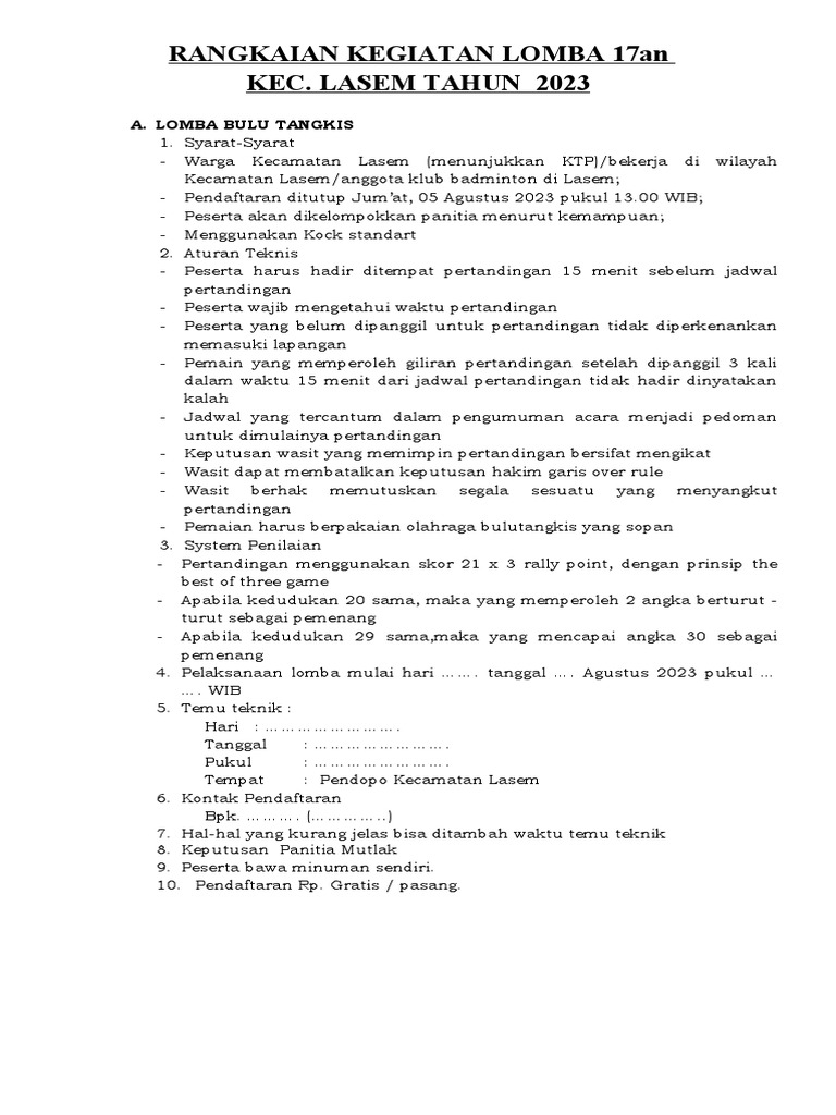 Rangkaian Kegiatan Lomba 17an 2023 Kec - Lasem | PDF