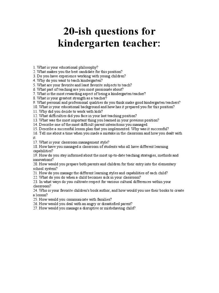 20ish Questions For Kindergarten Teacher | PDF