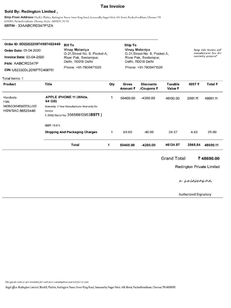 My New Iphone 11 Invoice | PDF