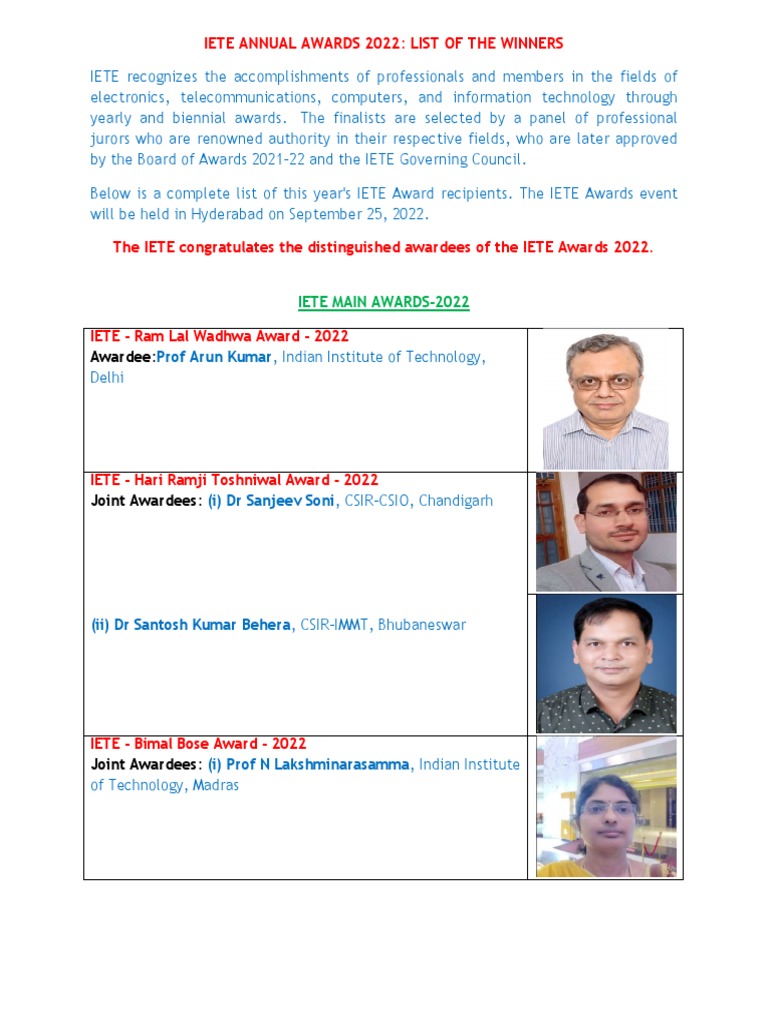 List of Winners IETE Awards 2022 | PDF | Art | Computers