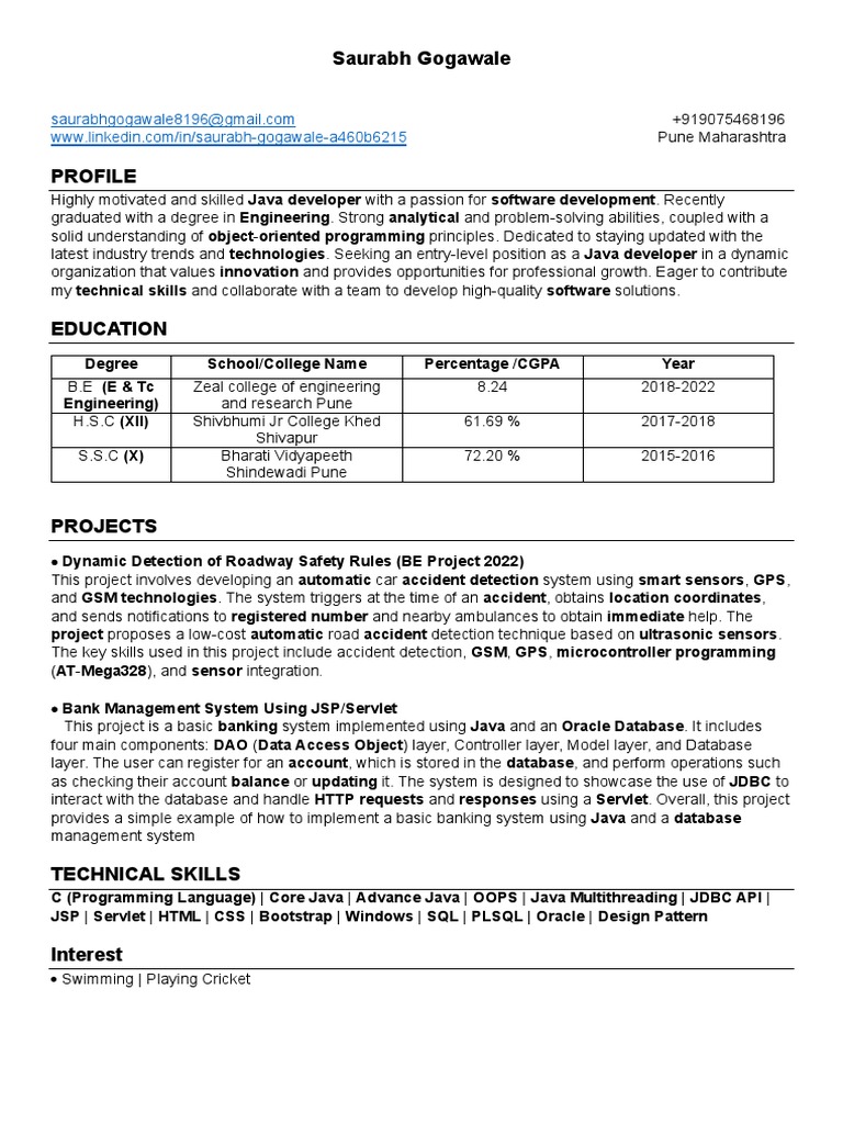 Saurabh Resume 2023 | PDF | Java (Programming Language) | Databases Saurabh Resume 2023 | PDF | Java (Programming Language) | Databases